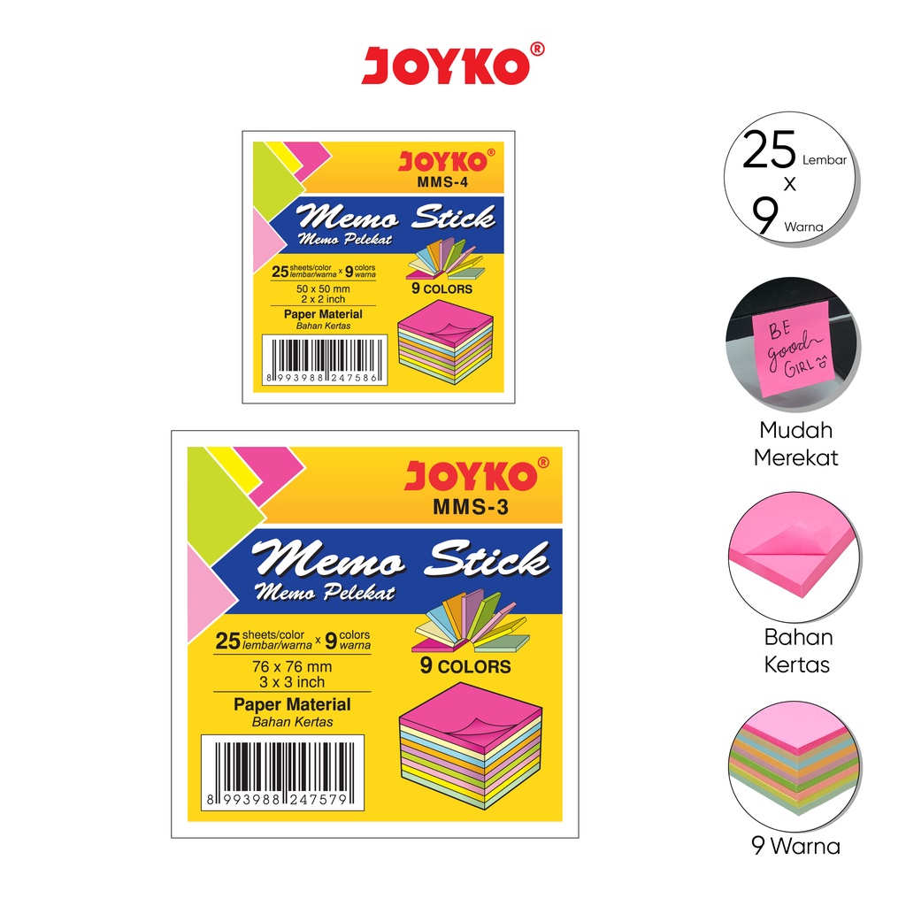 Jual Memo Stick Kertas Memo Tempel Sticky Note Joyko MMS-3 ~ 4 9 Warna ...