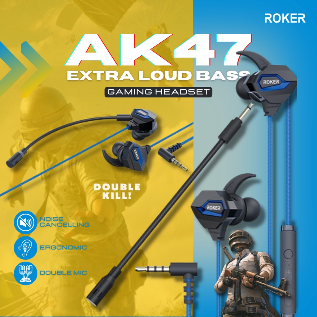 Jual Earphone / Headset Gaming Roker Ak47 SUARA EXTRA LOUD BASS ...
