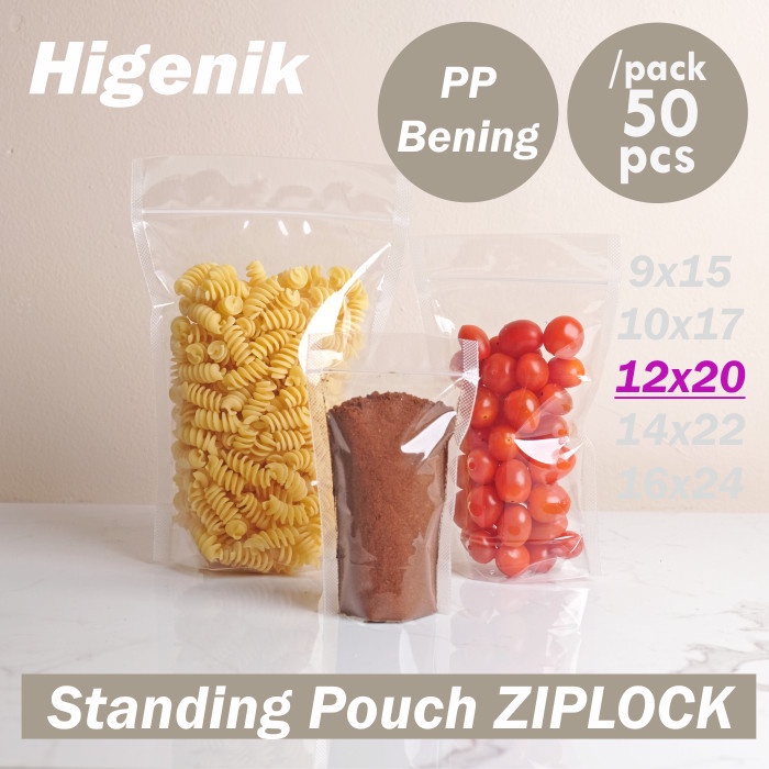 Jual Plastik Standing Pouch 12x20 Bening dengan Ziplock isi 50 pcs ...