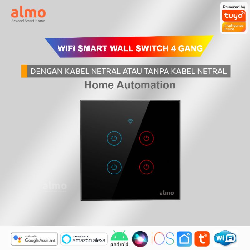Jual ALMO Tuya Wifi Smart Switch EU 4 Gang Hitam Saklar Home Automation IoT | Shopee Indonesia