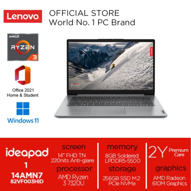 Jual Lenovo IdeaPad Slim 1 14AMN7-3HID [AMD Ryzen 3-7320U/8GB/256GB SSD/14" FHD/Win 11+OHS 2021 ...