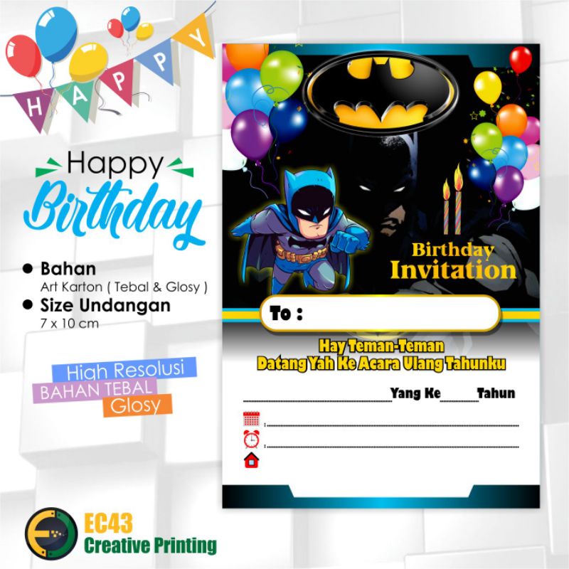 Jual Undangan Ulang Tahun Tema Batman isi 10 pcs + Plastik Opp Seal ...