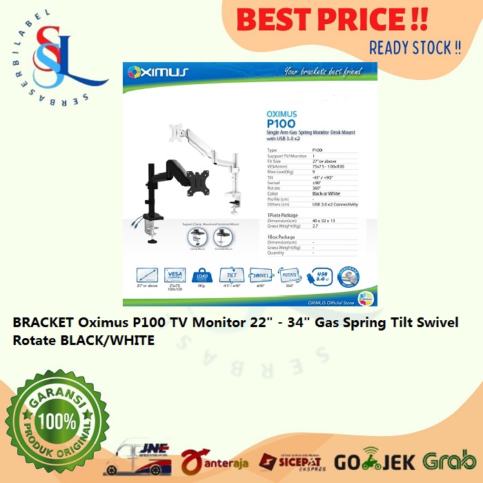 Jual BRACKET Oximus P100 TV Monitor 22" - 34" Gas Spring Tilt Swivel ...