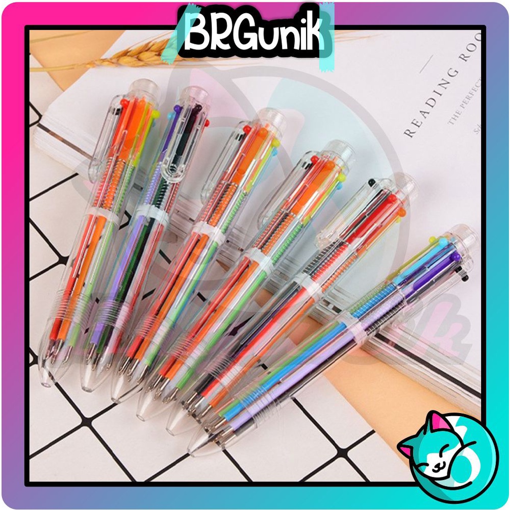 Jual BRGUNIK Pulpen 6 Warna Transparan Pena Ballpont Pen Six-in-One ...