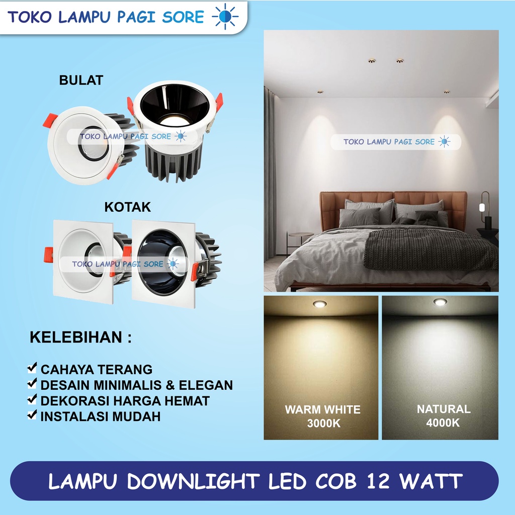 Jual Lampu Downlight LED Kotak Bulat 12 Watt COB Spotlight Warm White ...