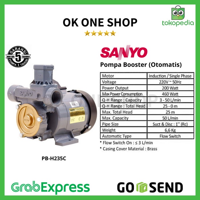 Jual Pompa Sanyo Booster Pump Otomatis Pb-H 235C / Pbh-235 C (200 Watt) | Shopee Indonesia