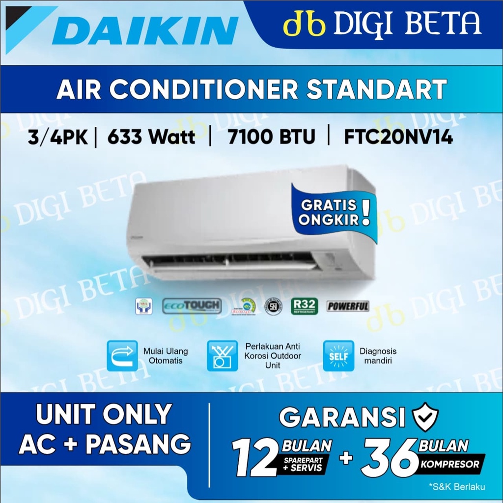 Jual AC Daikin 3/4 PK Standart FTC20NV14 Air Conditioner Split 633 Watt Pendingin Ruangan R32 ...