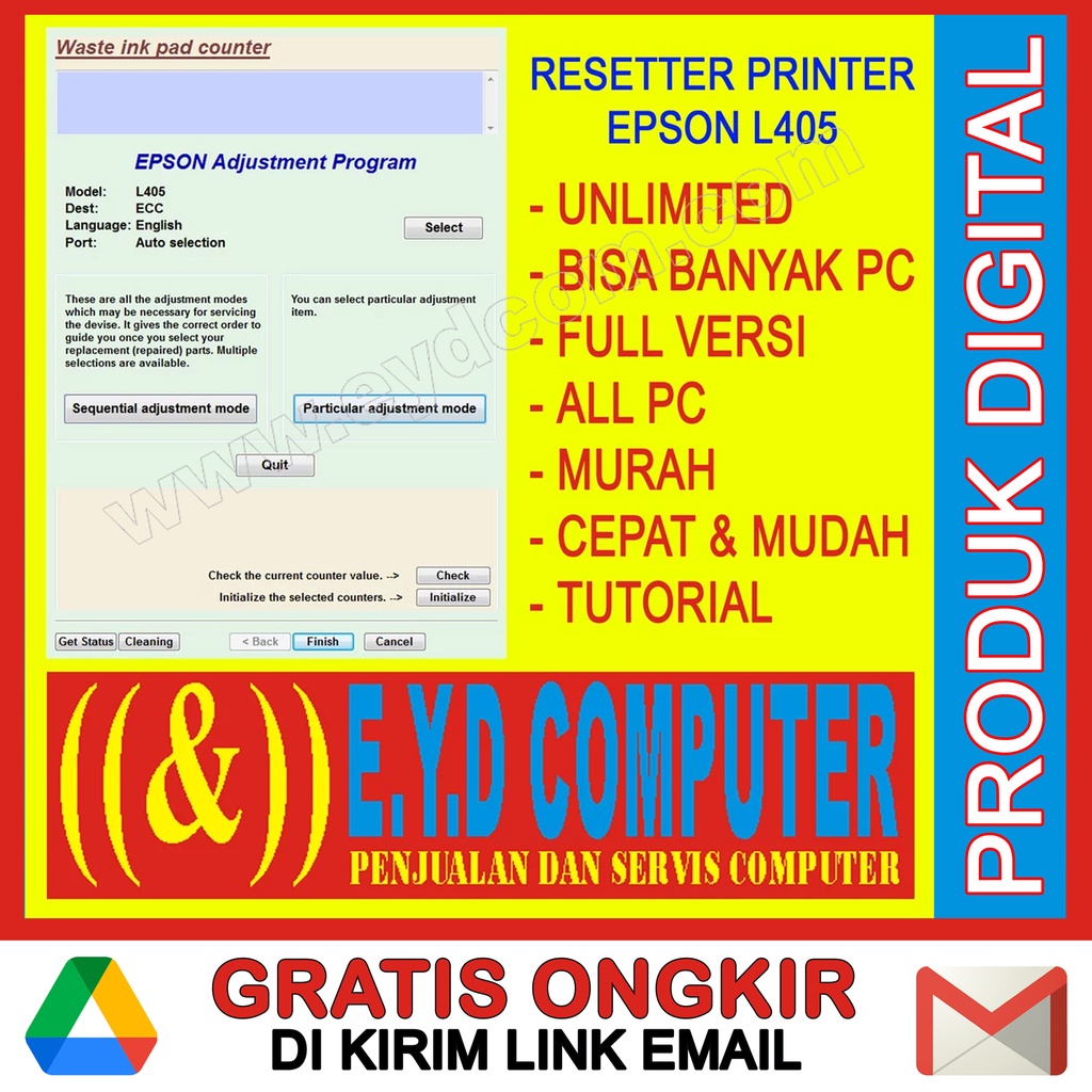 Jual RESSETER EPSON L405 ALL PC UNLIMITED BANYAK PC FULL VERSI RESETTER RESET RESETER PRINTER ...