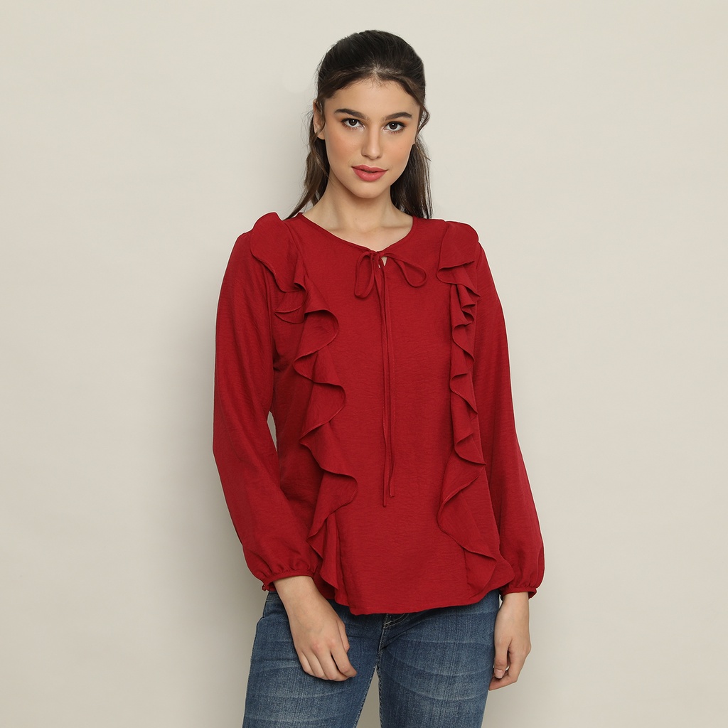 Jual FAME - Ruffle Blouse Wanita Lengan Panjang Merah - 9211758 ...