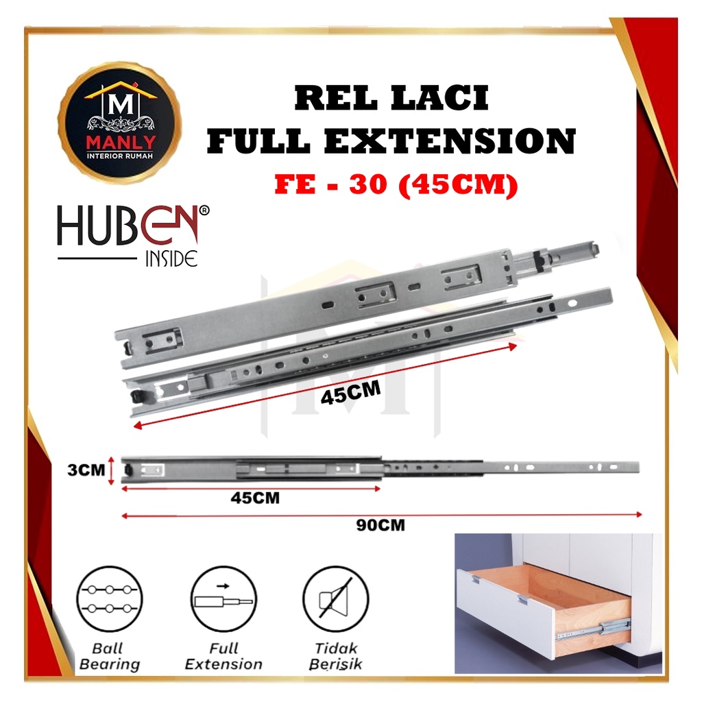 Jual Rel Laci Double Track Huben FE 30 mm Ball Bearring Full Extention ...