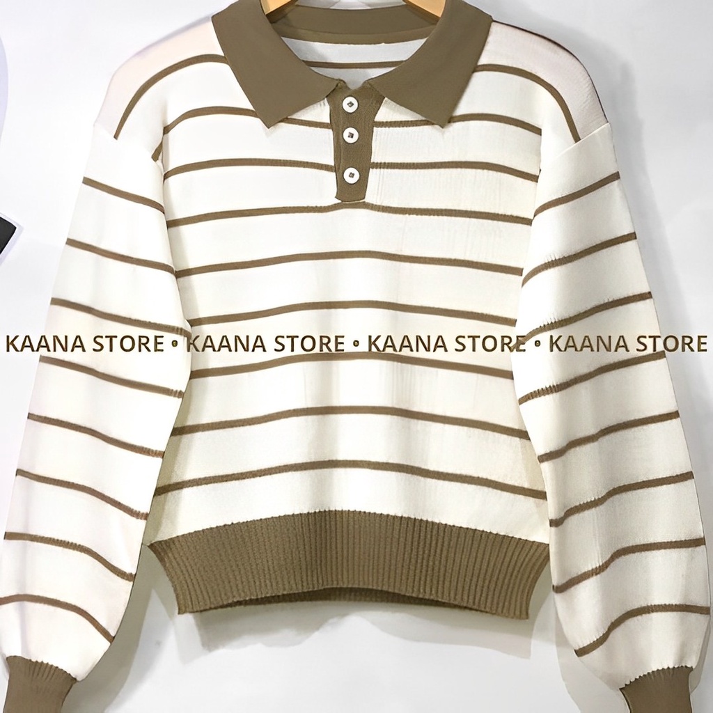 Jual Polo Stripes Knit Import - Atasan Polo Rajut Wanita - Korean Polo Knit TM (51047) / striped ...
