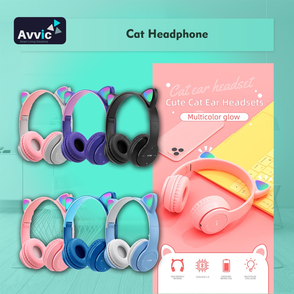Jual Headphone Wireless Bluetooth LED Cat Ears P47 Headset Handsfree ...