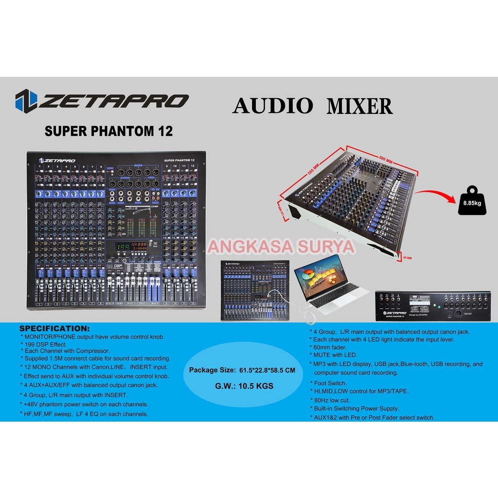 Jual Mixer ZETAPRO SUPER PHANTOM 12 ORIGINAL / MIXER AUDIO ZETAPRO 12 Channel Compressor Limiter ...