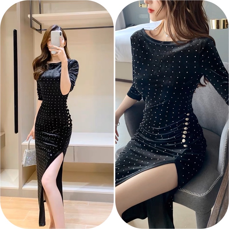 Jual DB20-29 Long dress bodycon lengan pendek manik / gaun pesta ...
