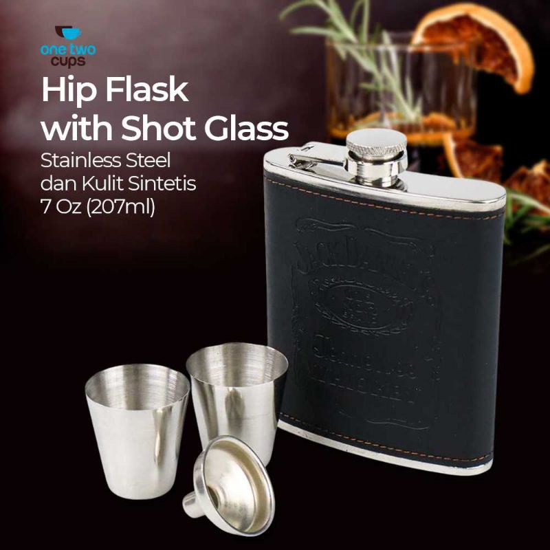 Jual One Two Cups Botol Bir Hip Flask Stainless Leather 7Oz with Shot Glass | Shopee Indonesia