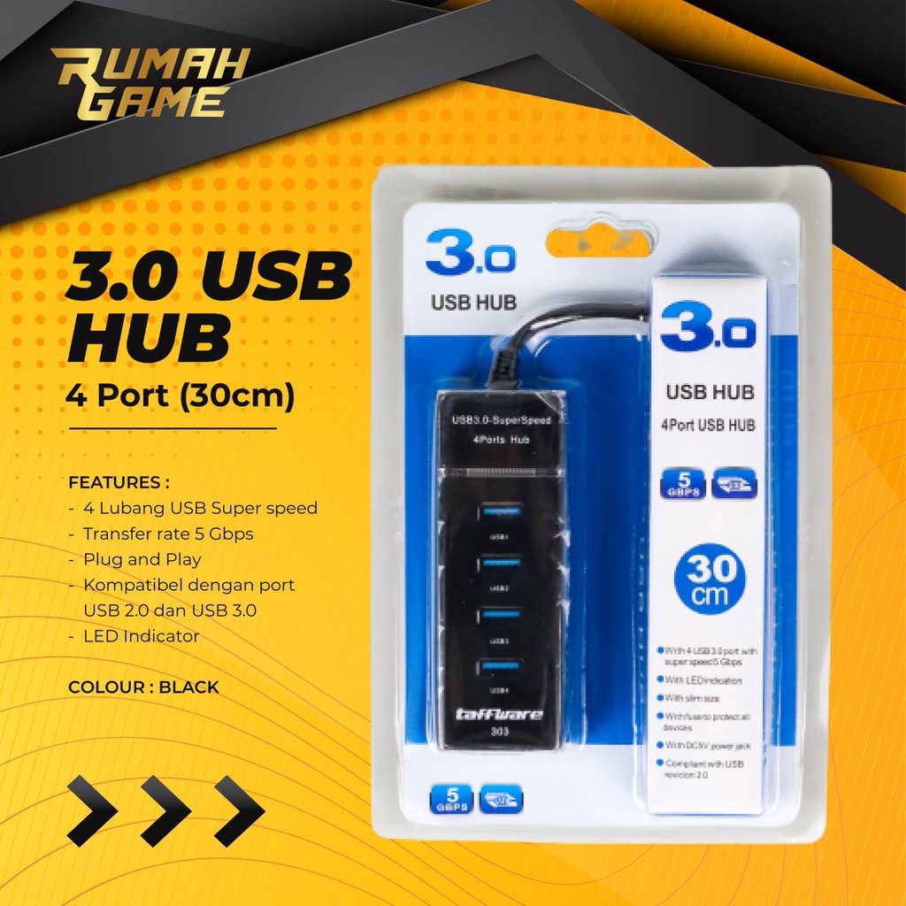 Jual USB HUB 3.0 High Speed 4 Hub Port 30cm 120cm Cable USB 3.0 - Hitam Biru Usb Sambungan ...