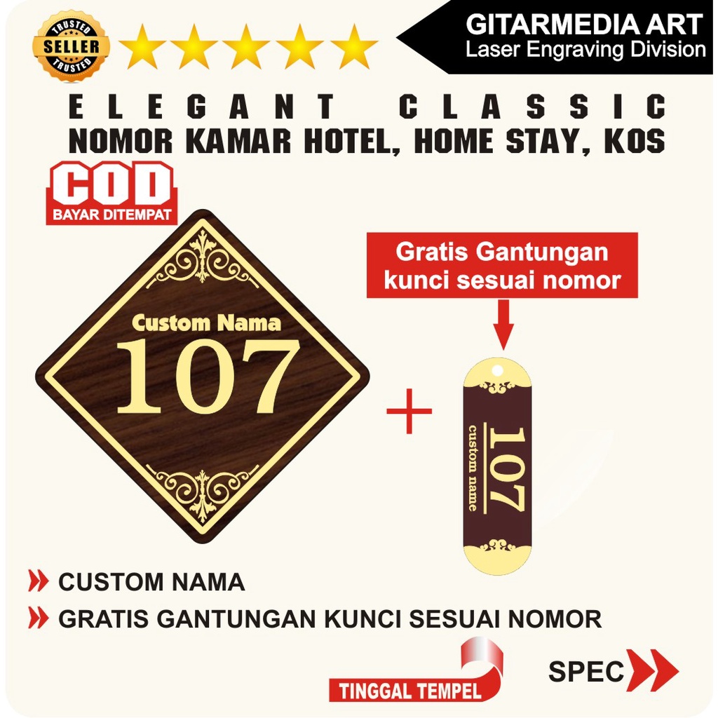Jual nomor kamar kos nomor kamar hotel akrilik tempel motif kayu bonus gantungan kunci murah ...