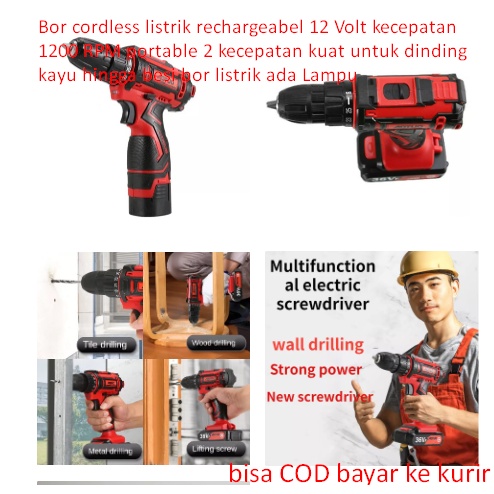 Jual Bor cordless listrik rechargeabel 12 Volt kecepatan 1200 RPM ...