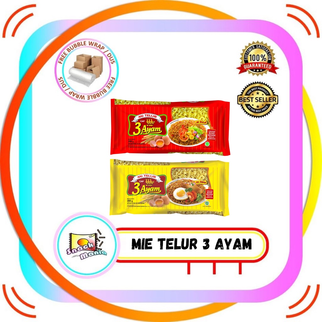 Jual Mie telur cap 3 Ayam Kuning / Mi pipih - Mi Telor Merah 200 gr ...