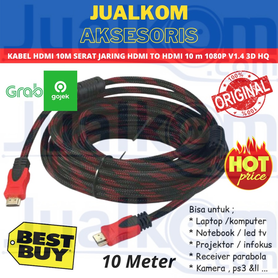 Jual KABEL HDMI 10M SERAT JARING HDMI TO HDMI 10 m 1080P V1.4 3D HQ ...