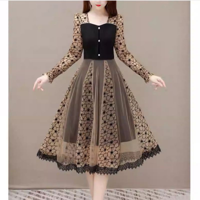 Jual 18129 Baju Mididress Midi dress gaun TUTU TULLE lengan panjang dres artis Korea Korean ...