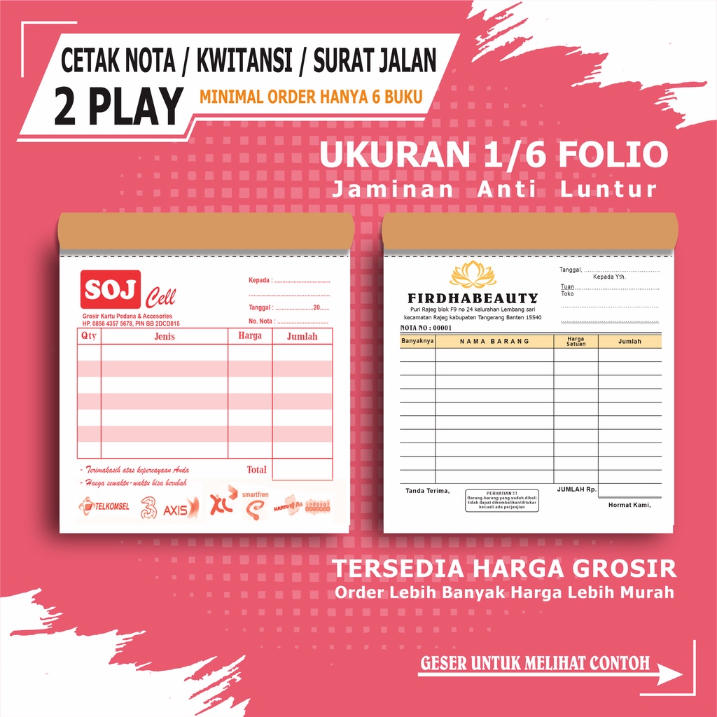 Jual Nota custom 2 ply 1/6 folio nota custom 2 rangkap buku nota ...
