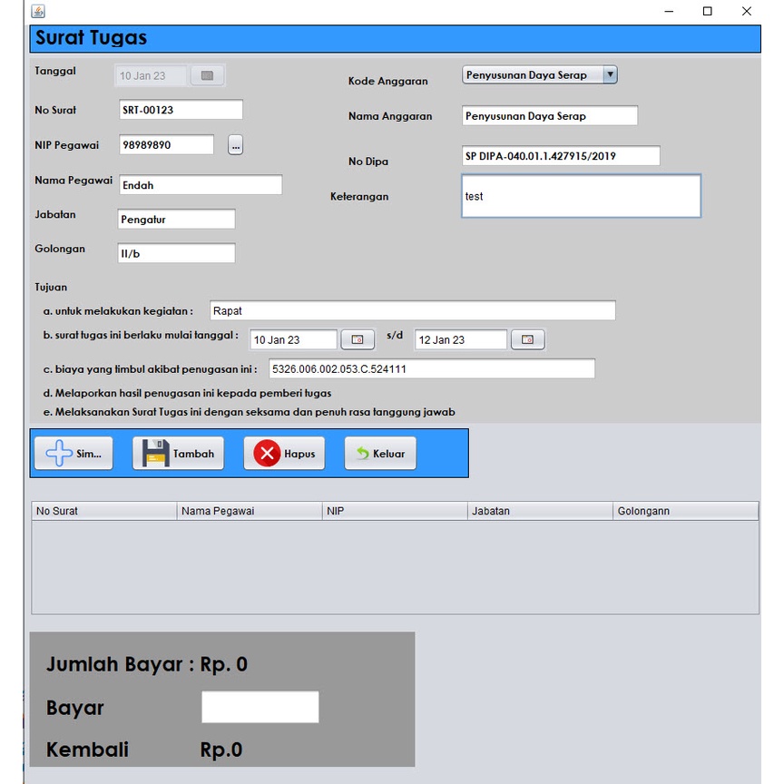 Jual Sistem surat Perjalanan Dinas / Surat Tugas berbasis Java Netbeans ...