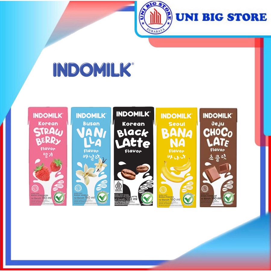 Jual Indomilk Susu UHT Strawberry - Chocolate - Vanilla - Banana - Mango 180 ml | Shopee Indonesia