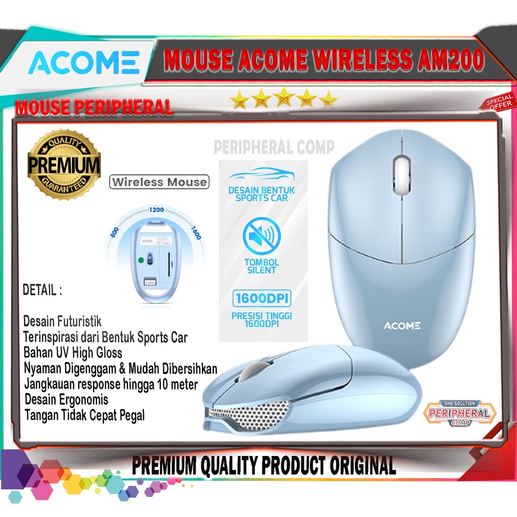 Jual ACOME WIRELESS MOUSE SILENT CLICK DESAIN SPORT CAR AM200 CYAN ...