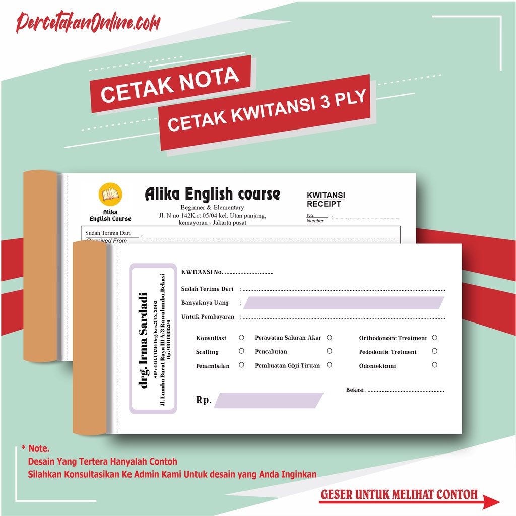 Jual cetak nota surat jalan kwitansi 3 ply 1/3 folio desain bebas ...
