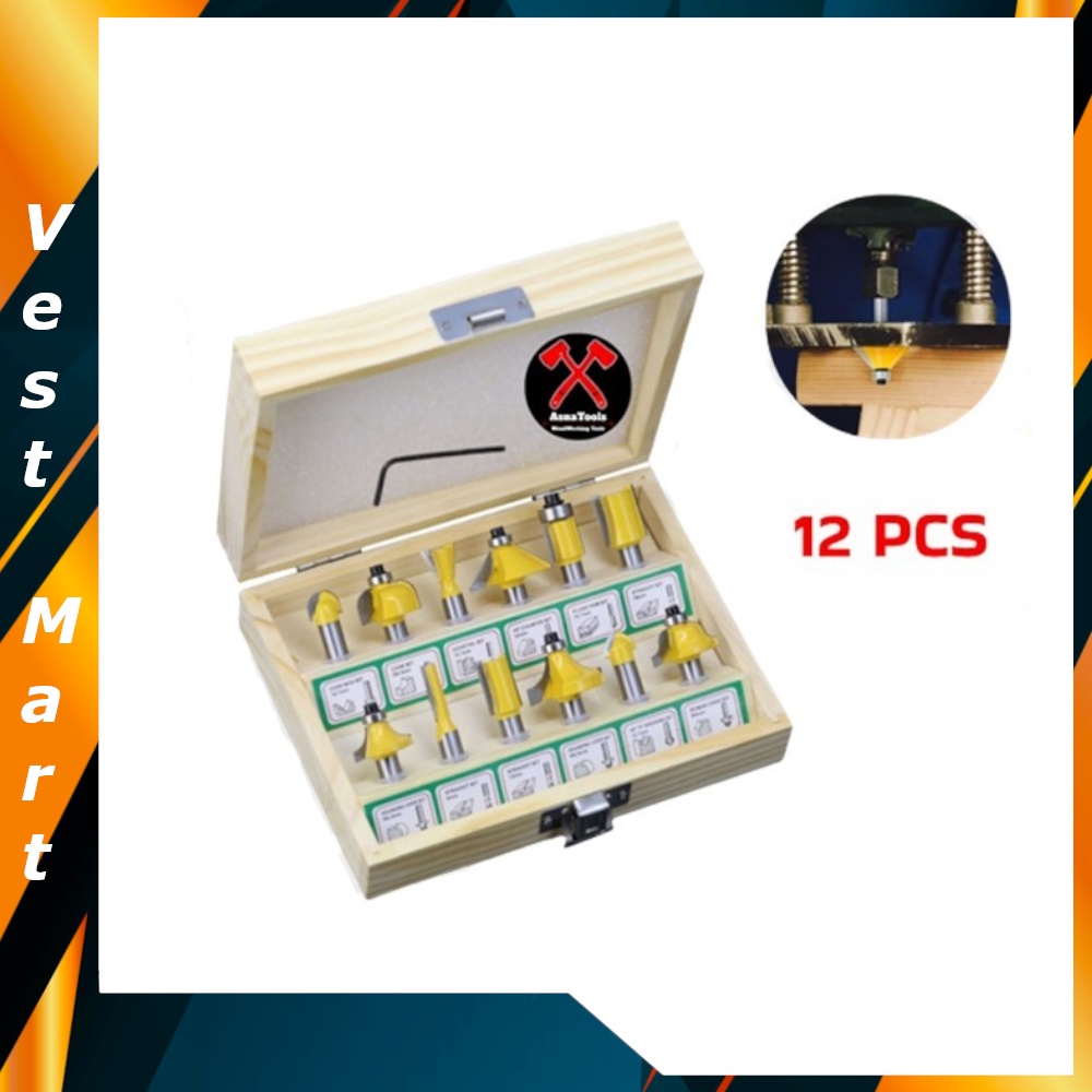 Jual Mata Trimmer Profil Kayu Router Bit Set 12 Pcs Box Kayu Pembersih ...