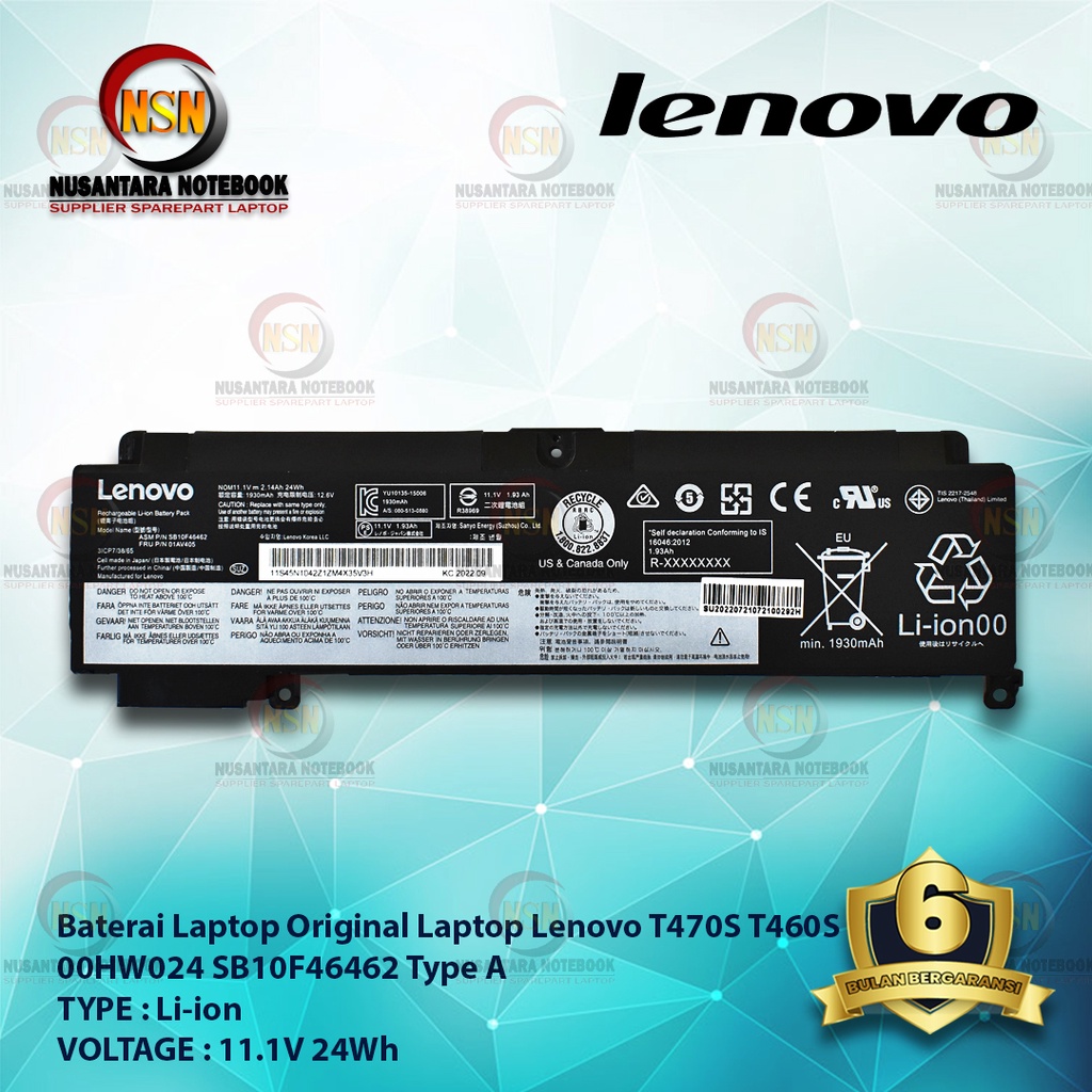 Jual Baterai Original Laptop Lenovo T470S T460S 00HW024 Type A 11.1V ...