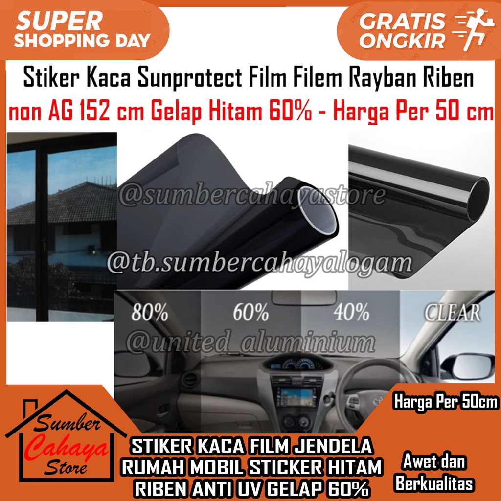 Jual Stiker Kaca Sunprotect Film Rayban Riben 60% Per 50 cm Non Ag 152 Cm Gelap Hitam Sticker ...