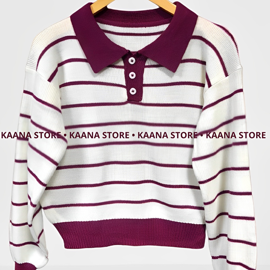 Jual Polo Stripes Knit Import - Atasan Polo Rajut Wanita - Korean Polo Knit TM (51047) / striped ...