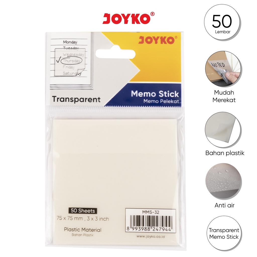 Jual Memo Stick Plastik Transparan Joyko MMS-32 3x3 inch 50 sheet ...