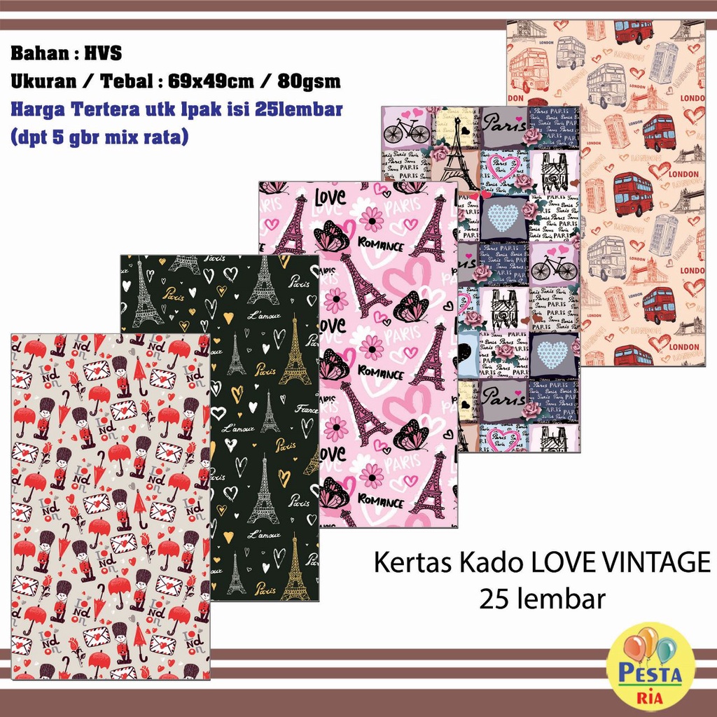Jual Murah!! (1Set 25lmbr) Kertas kado motif LOVE Paris, kertas kado ...