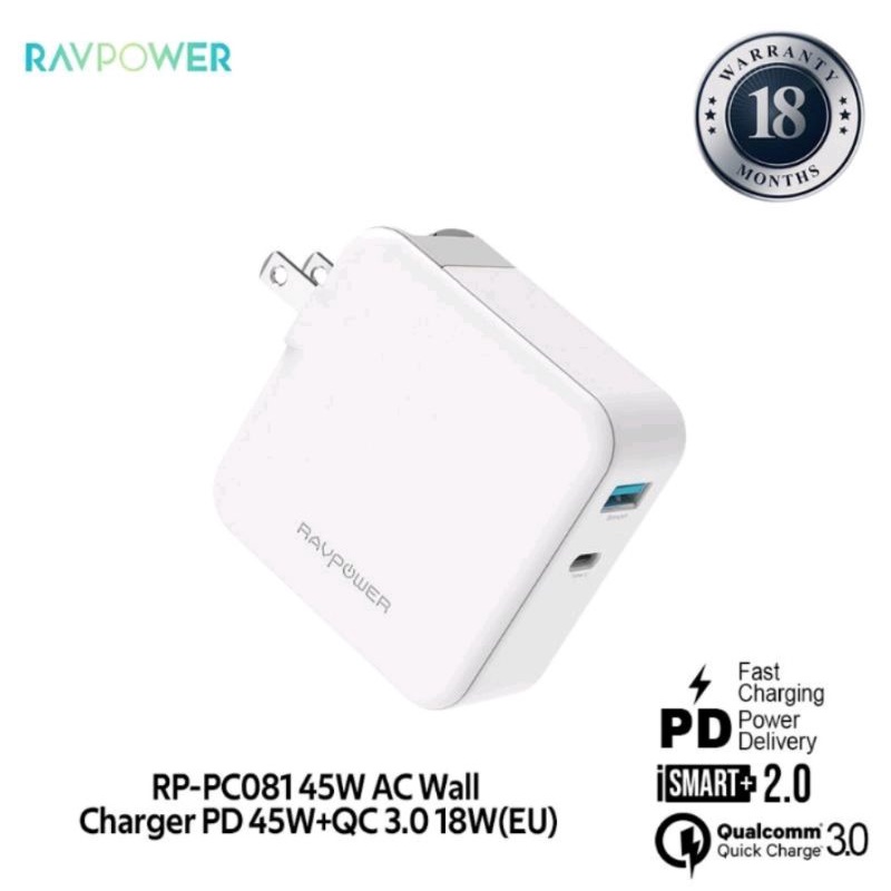 Jual RAVPower RP-PC081 Charger Dual Port PD 45W + USB A 18W | Shopee Indonesia
