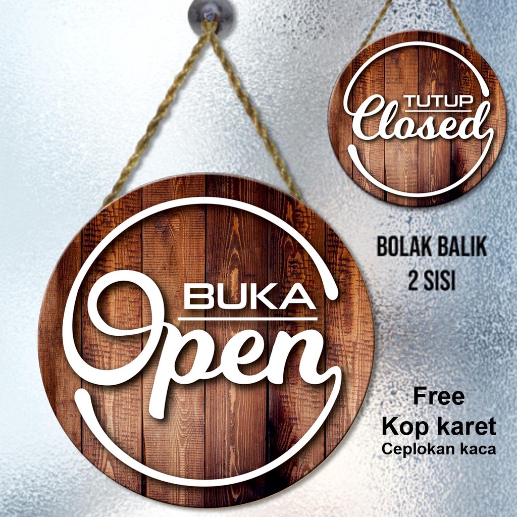 Jual Open Closed, buka tutup bolak balik sign board motif kayu coklat ...