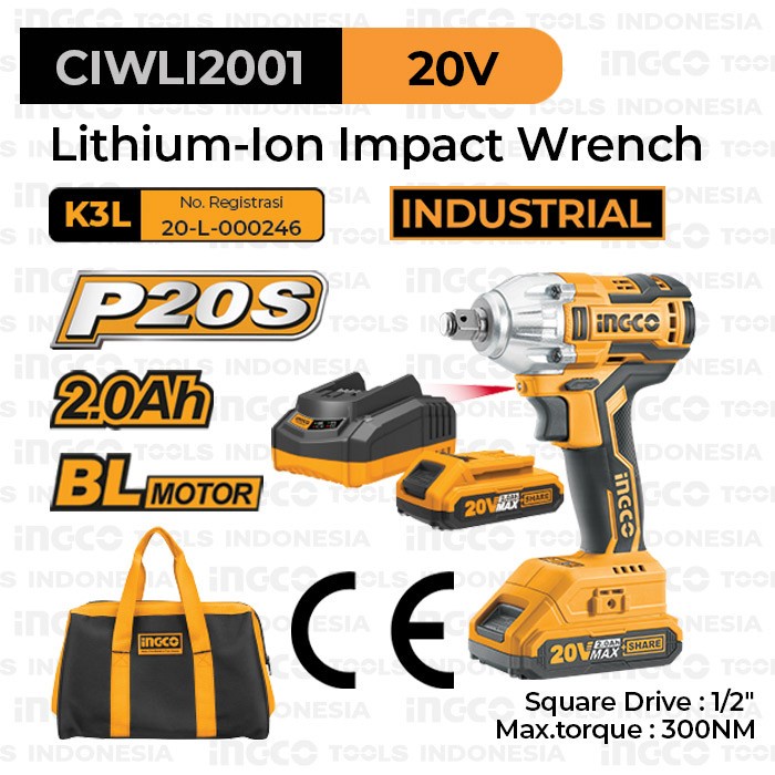 Jual Cordless Impact Wrench Brushless Baterai 20v INGCO CIWLI2001 ...