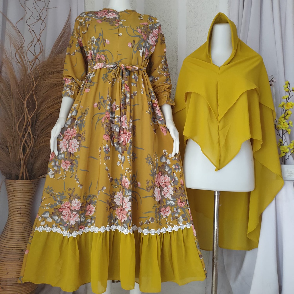 Jual GAMIS MONALISA SET HIJAB SAYAR'I MOTIF BUNGA SAKURA RENDA KECIL/GAMIS MONALISA PREMIUM ...