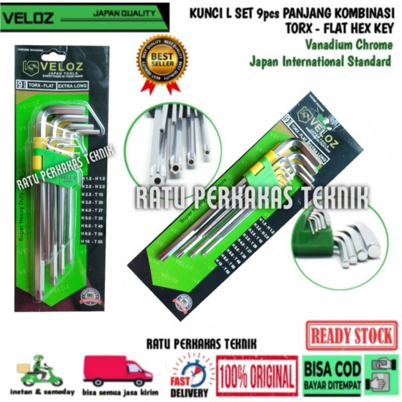 Jual KUNCI L BINTANG LUBANG SET PANJANG 9 PCS KOMBINASI VELOZ HEX KEY - TORX / METRIX BINTANG ...
