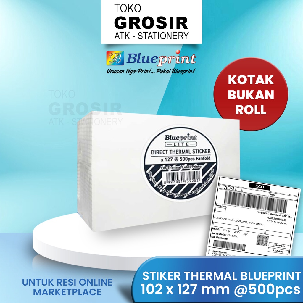 Jual 102x127 CF Thermal Sticker Label Resi Pengiriman Kertas Barcode BLUEPRINT 500Pcs Lite ...