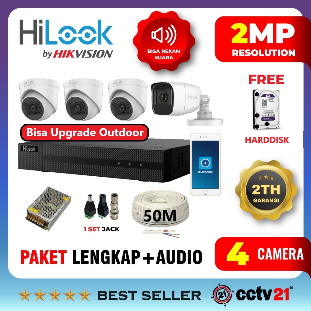 Jual Paket Kamera cctv HILOOK by HikVision AUDIO 2MP DVR 4CH 4 Channel Kabel 50M Harga Lagi ...