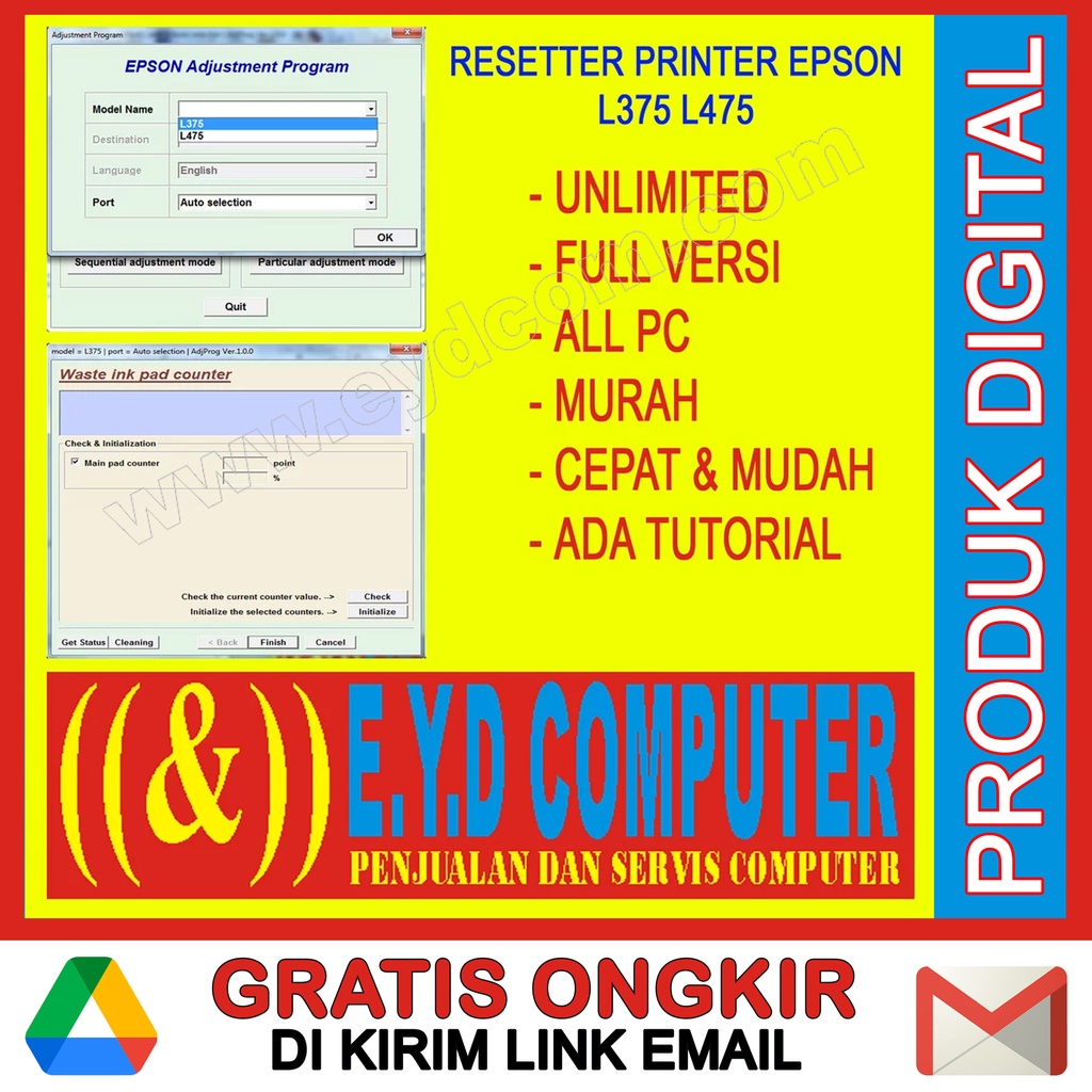 Jual RESSETER EPSON L375 L475 ALL PC UNLIMITED BANYAK PC FULL VERSI RESETTER PRINTER PRINT ...