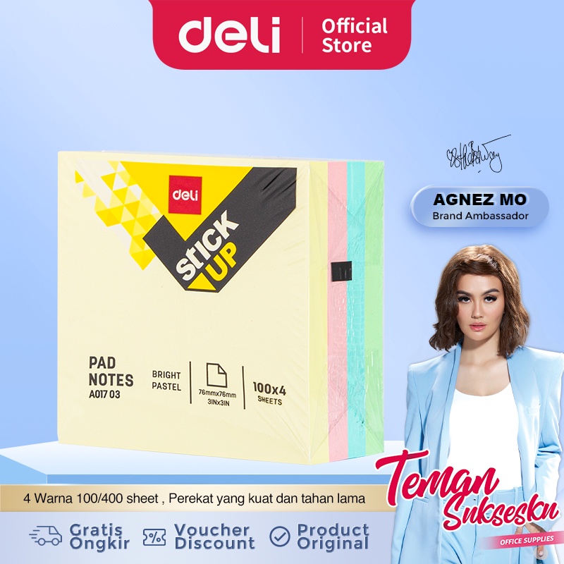Jual Deli Memo tempel Sticky Notes Note Pad 3''x3" 4 Warna 100 sheet ...