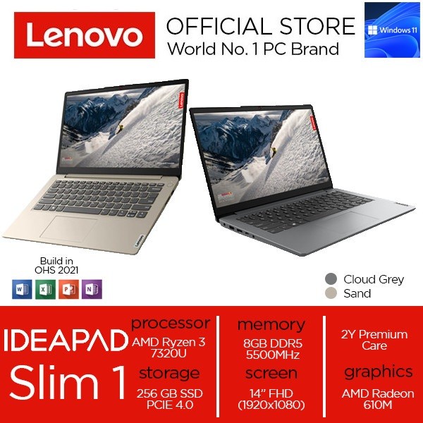 Jual LENOVO IDEAPAD SLIM 1 Ryzen 3-7320U 256GB SSD 8GB WIN11+OHS - CLOUD GREY | Shopee Indonesia