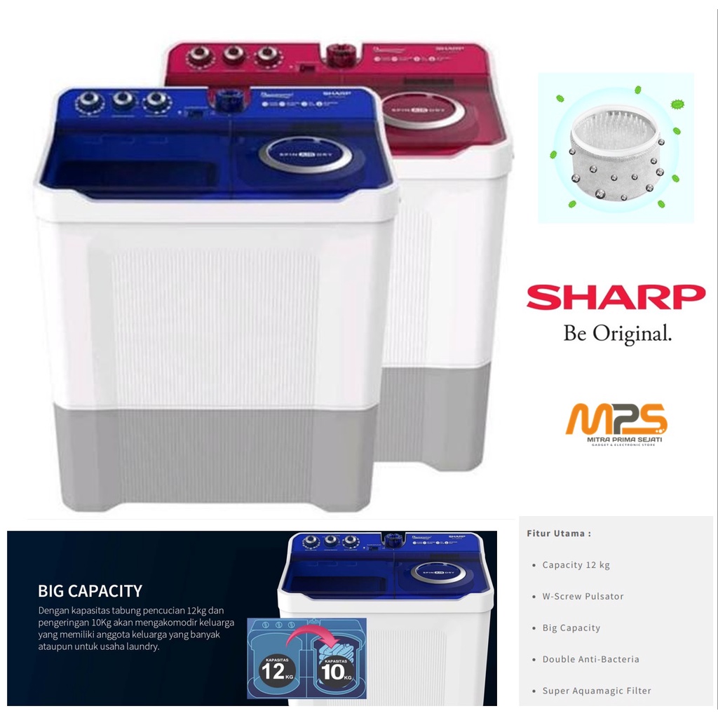 Jual Mesin Cuci 2 Tabung Sharp ES-T1290-WA - 12 KG - Garansi Resmi ...