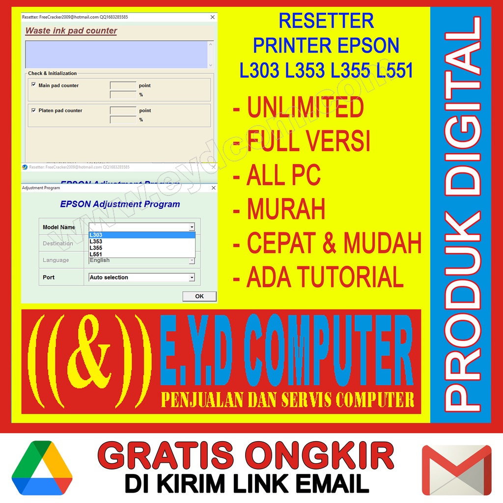Jual RESSETER EPSON L303 L353 L355 L551 ALL PC UNLIMITED BANYAK PC FULL VERSI RESETTER PRINTER ...