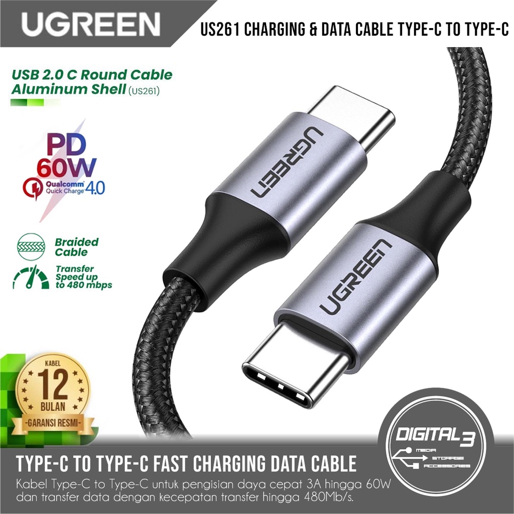 Jual Kabel Data UGREEN US261 USB Type C to C Nylon 60W PD QC Charging Cable | Shopee Indonesia