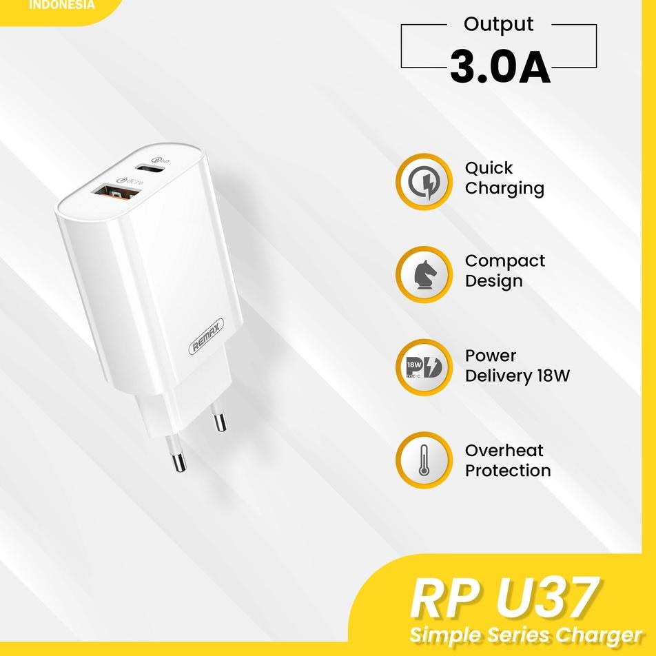 Jual {SOM.31Ja23ˣ} REMAX Simple Series QC 3.0 PD Fast Charging Adapter RP-U37 | Shopee Indonesia